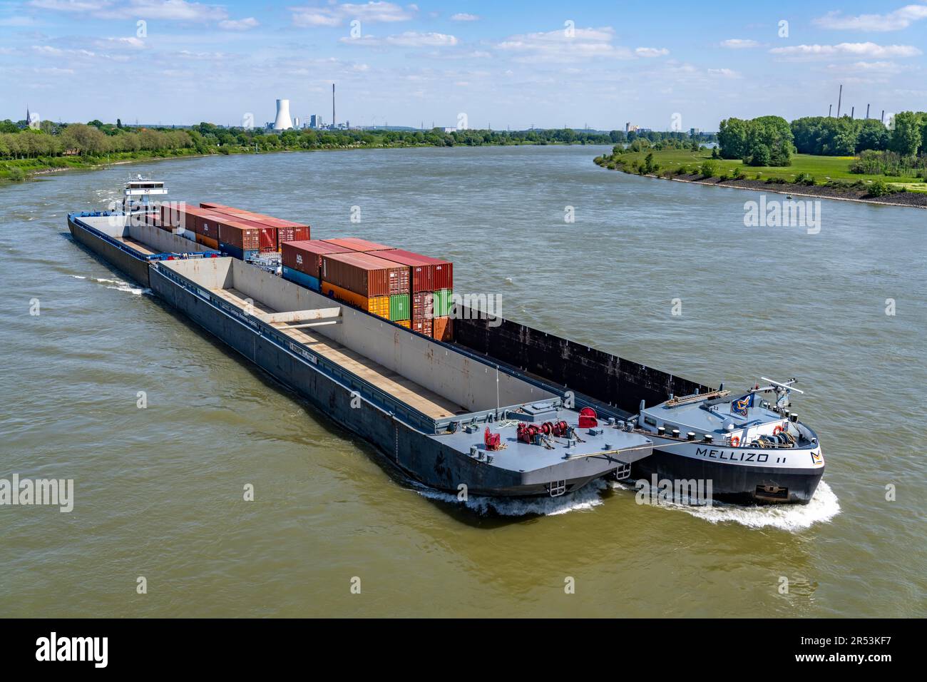 Cargo ship Mellizo, container freighter, only partly loaded, on the ...