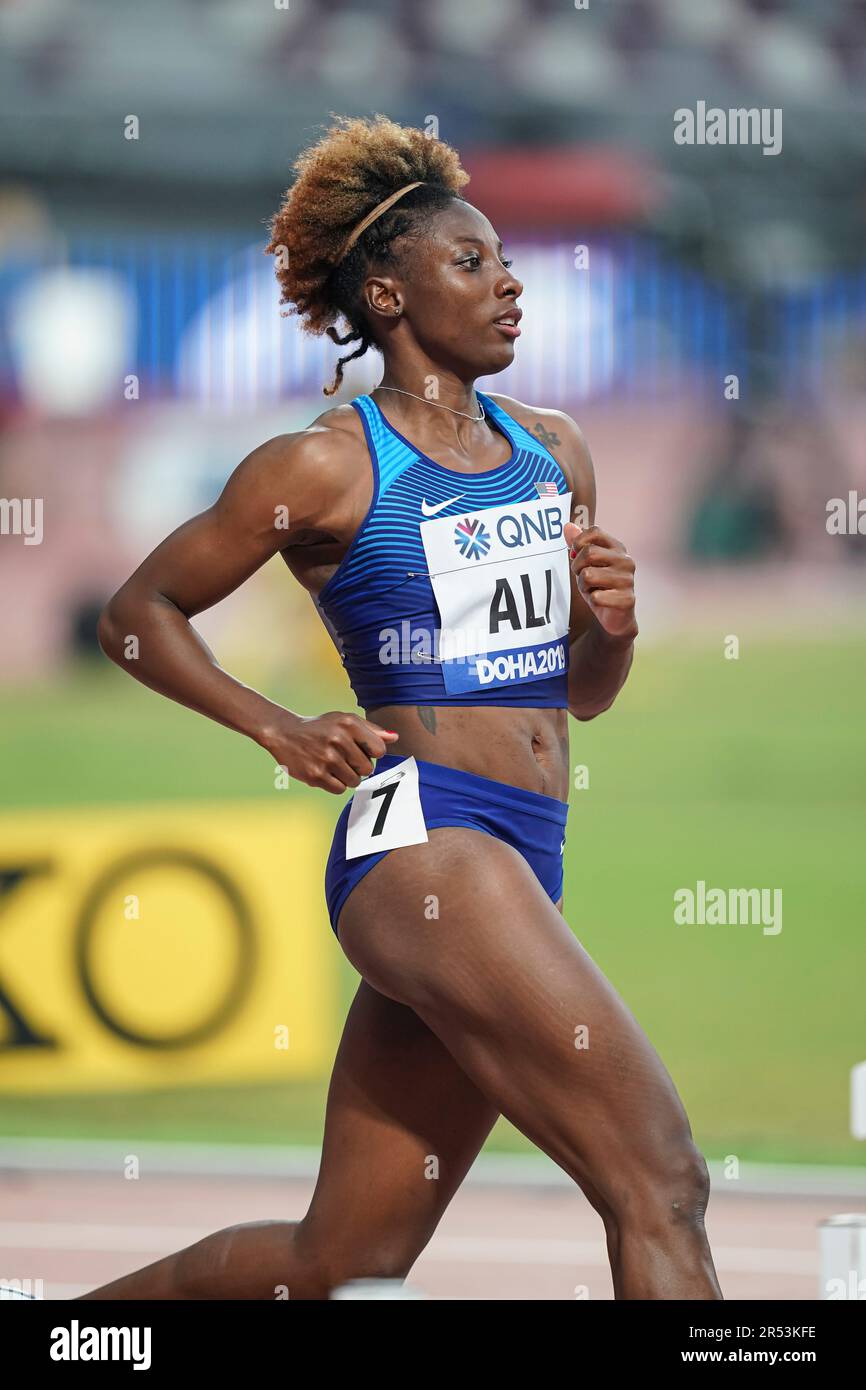Nia Ali running the 100m hurdles at the 2019 World Athletics ...