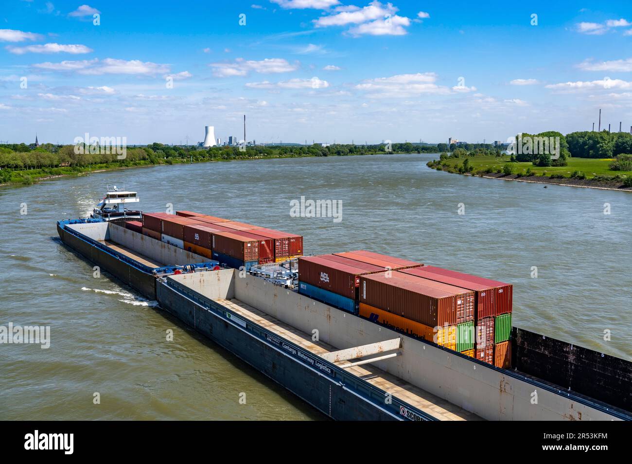 Cargo ship Mellizo, container freighter, only partly loaded, on the ...