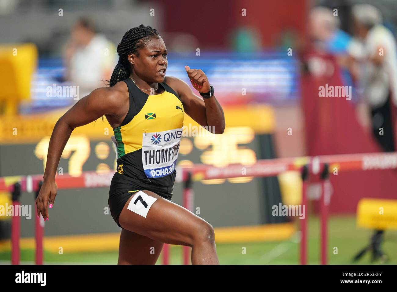 Yanique Thompson running the 100m hurdles at the 2019 World Athletics ...