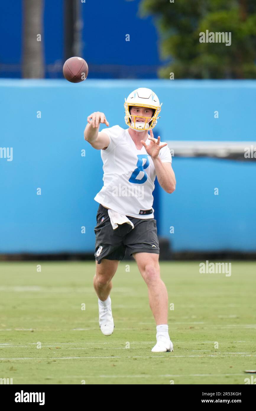 Los Angeles Chargers quarterback Max Duggan (8) throws a pass during ... Los Angeles Chargers quarterback Max Duggan (8) throws a pass during ...