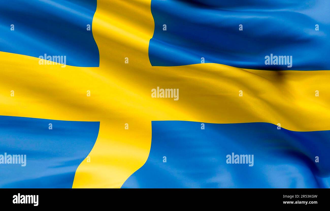 Sweden flag with big folds waving close up under the studio light ...