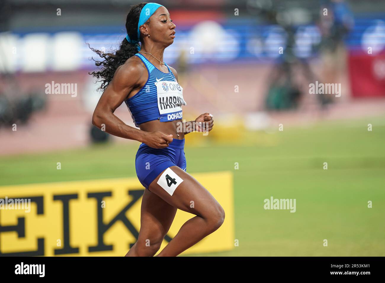 Kendra Harrison running the 100m hurdles at the 2019 World Athletics ...