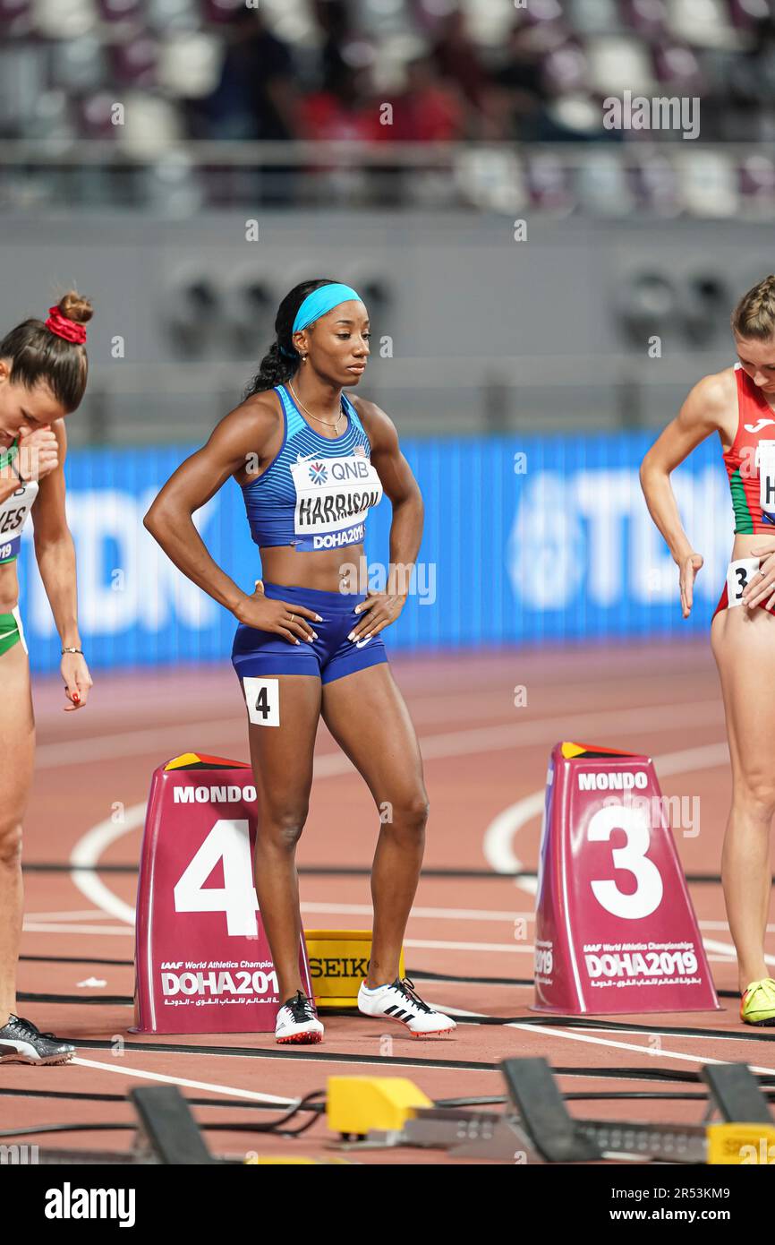 Kendra Harrison running the 100m hurdles at the 2019 World Athletics ...