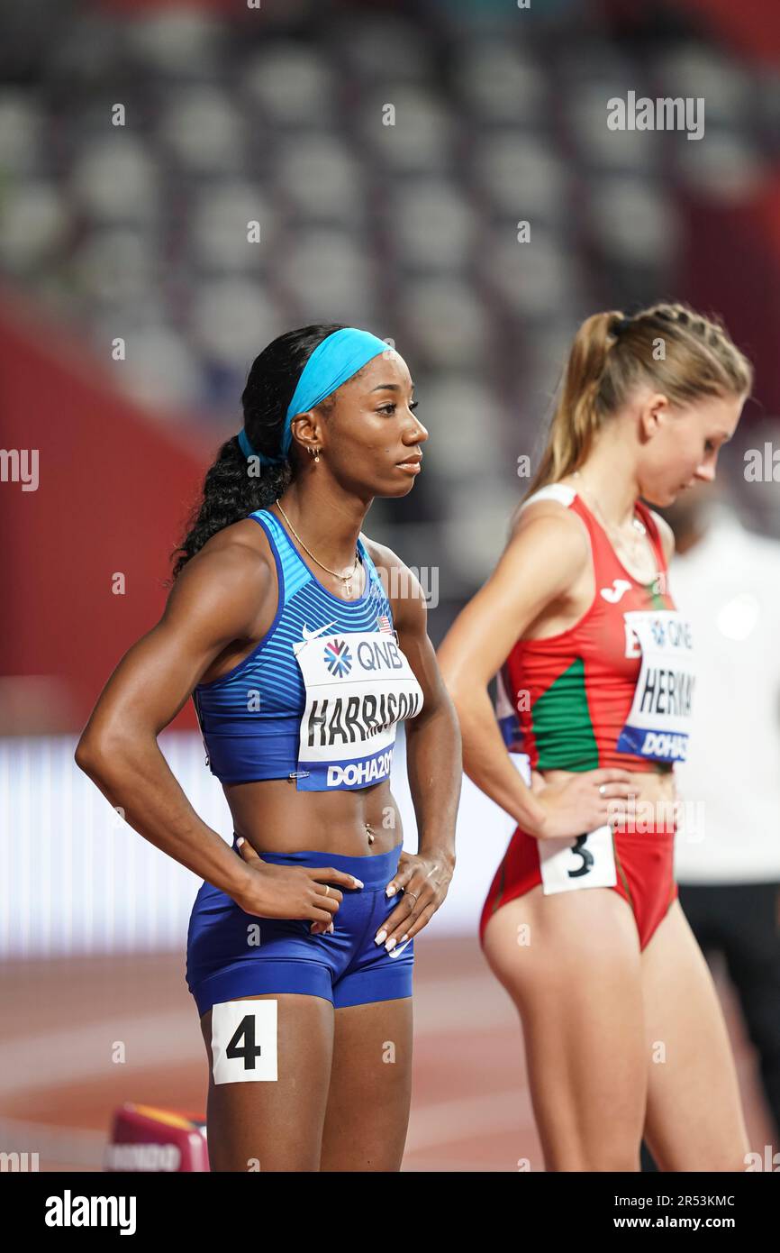 Kendra Harrison running the 100m hurdles at the 2019 World Athletics ...