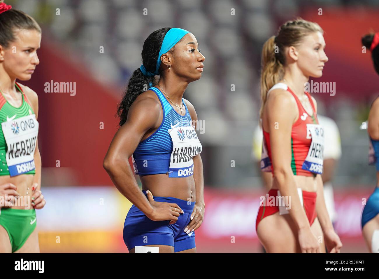 Kendra Harrison running the 100m hurdles at the 2019 World Athletics ...