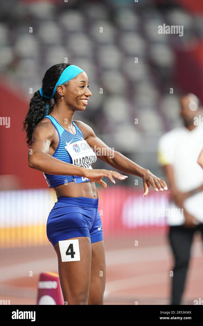 Kendra Harrison running the 100m hurdles at the 2019 World Athletics ...