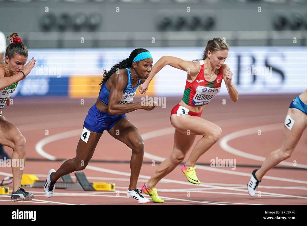 Kendra Harrison running the 100m hurdles at the 2019 World Athletics ...