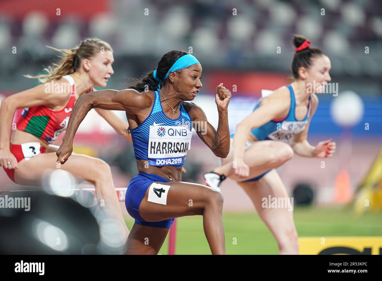 Kendra Harrison running the 100m hurdles at the 2019 World Athletics ...