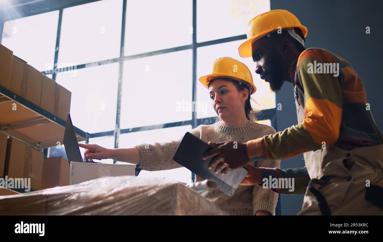 Employees team reviewing logistics for products, cargo production in ...