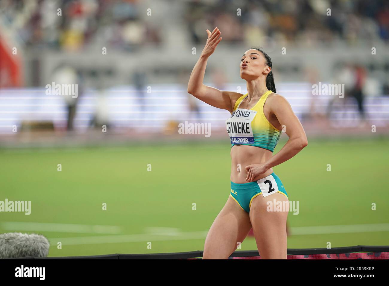 Michelle Jenneke running the 100m hurdles at the 2019 World Athletics ...