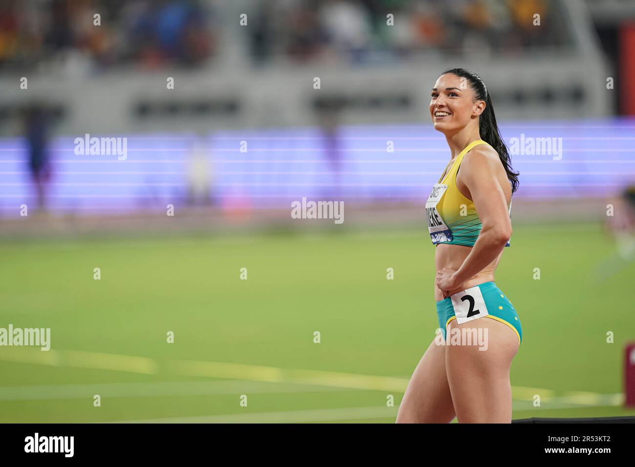 Michelle Jenneke running the 100m hurdles at the 2019 World Athletics ...