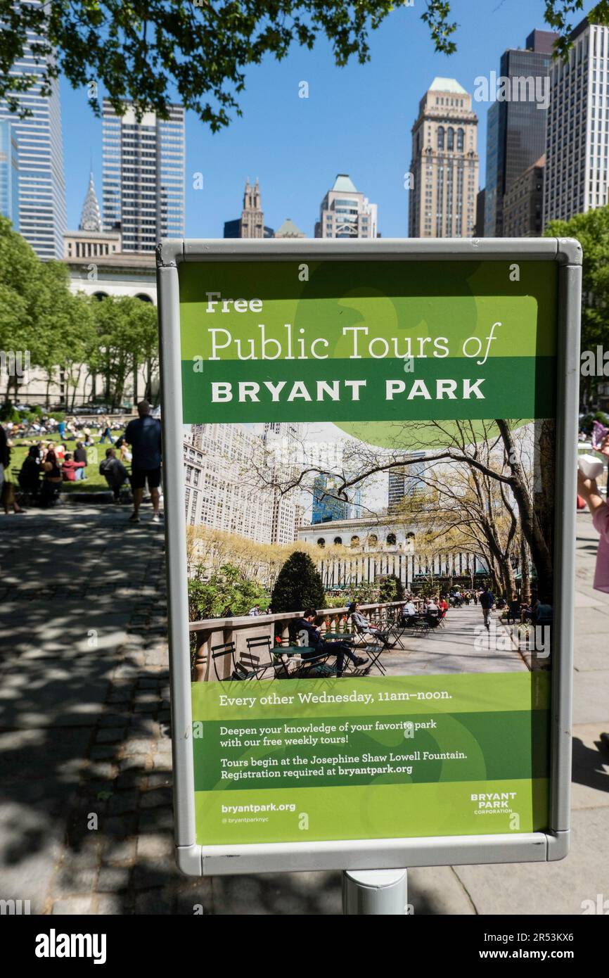 Free tour sign in Bryant Park, 2023, New York City, USA Stock Photo - Alamy