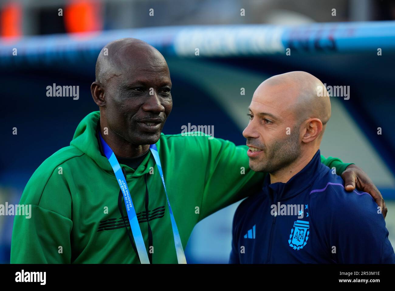 Argentina's coach Javier Mascherano, right, greats Nigeria's coach ...