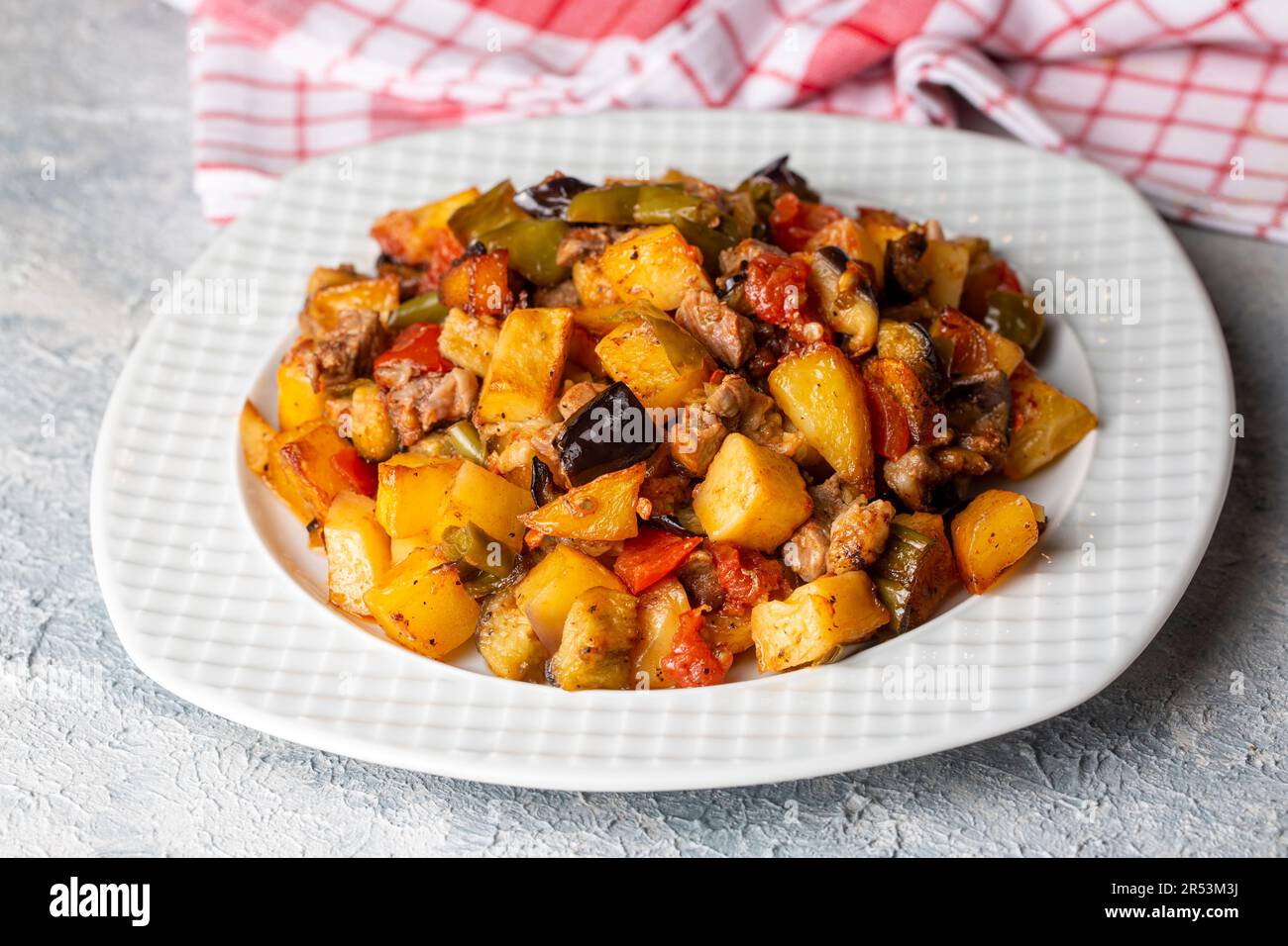 Turkish Kebab eggplant, potatoes, pepper and piece of meat. Vegetables ...