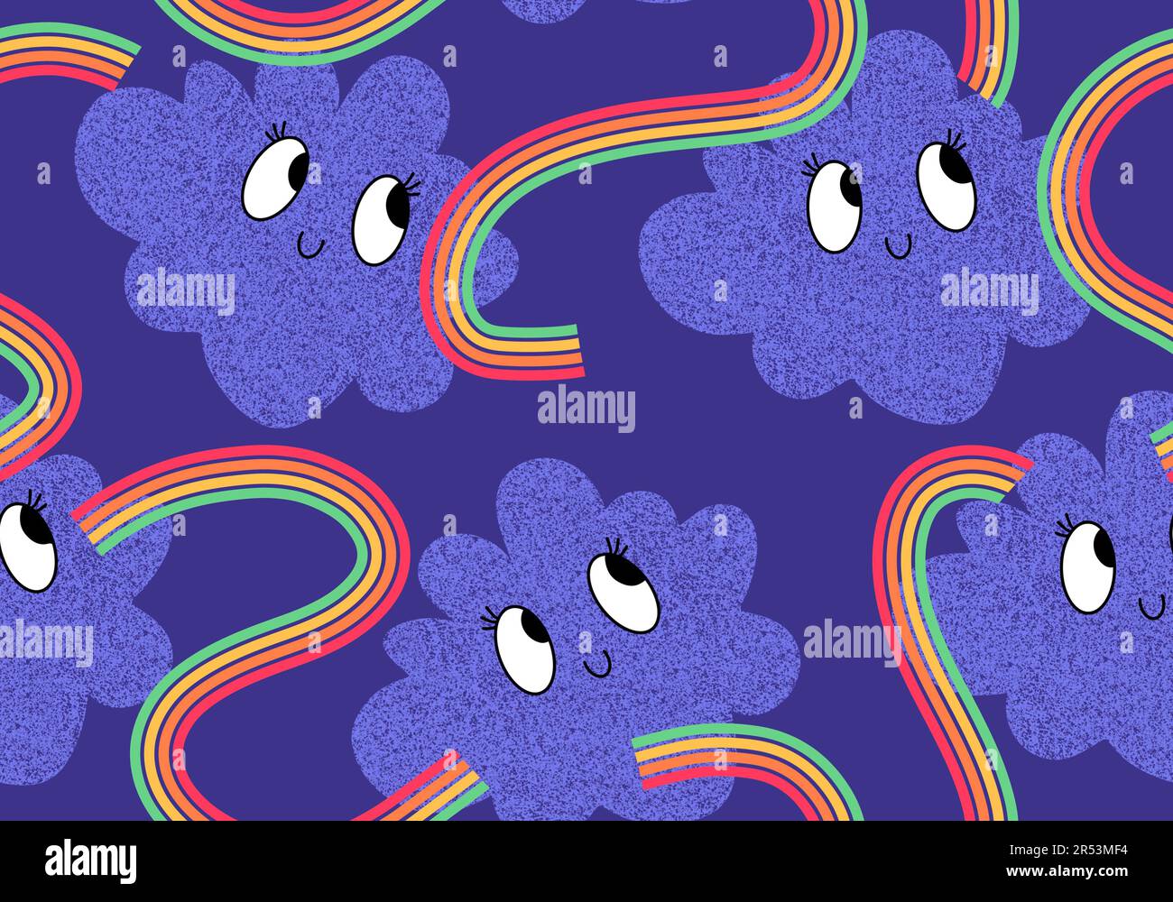 Retro summer cartoon seamless sun and rainbow and clouds pattern for ...