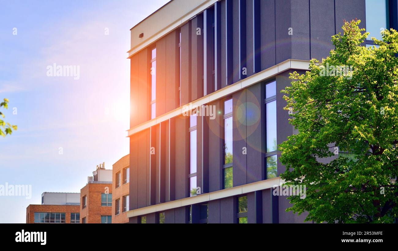 Eco architecture. Details of facade glass and aluminum panels on ...