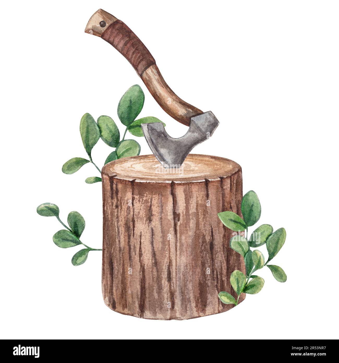 Ax in the stump. Watercolor hand drawn illustration of an old ax in a ...