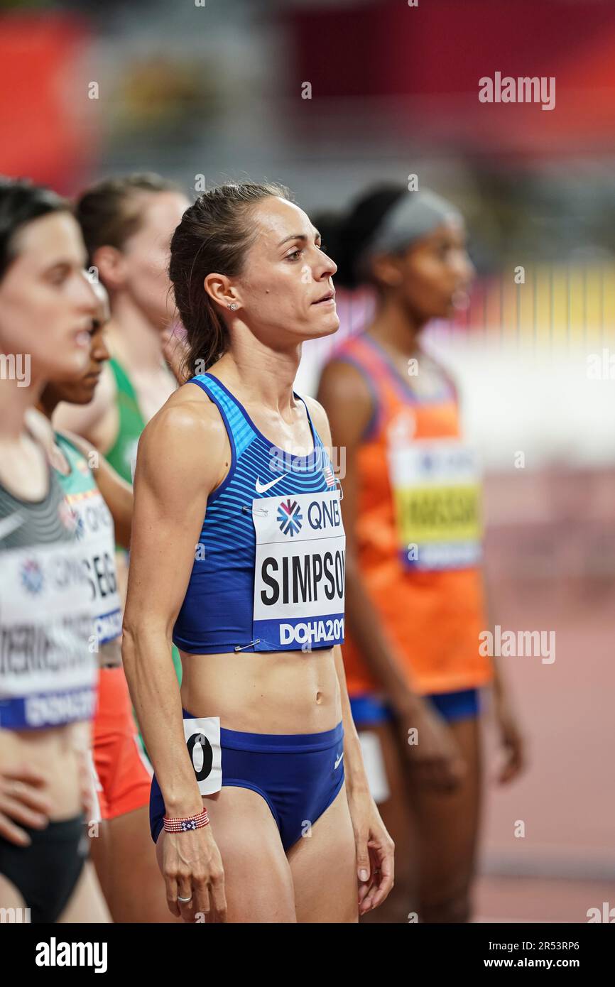 Jenny Simpson running the 5000m at the 2019 World Athletics ...