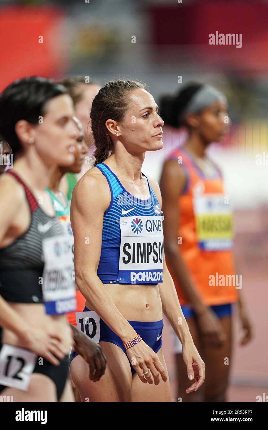 Jenny Simpson running the 5000m at the 2019 World Athletics ...