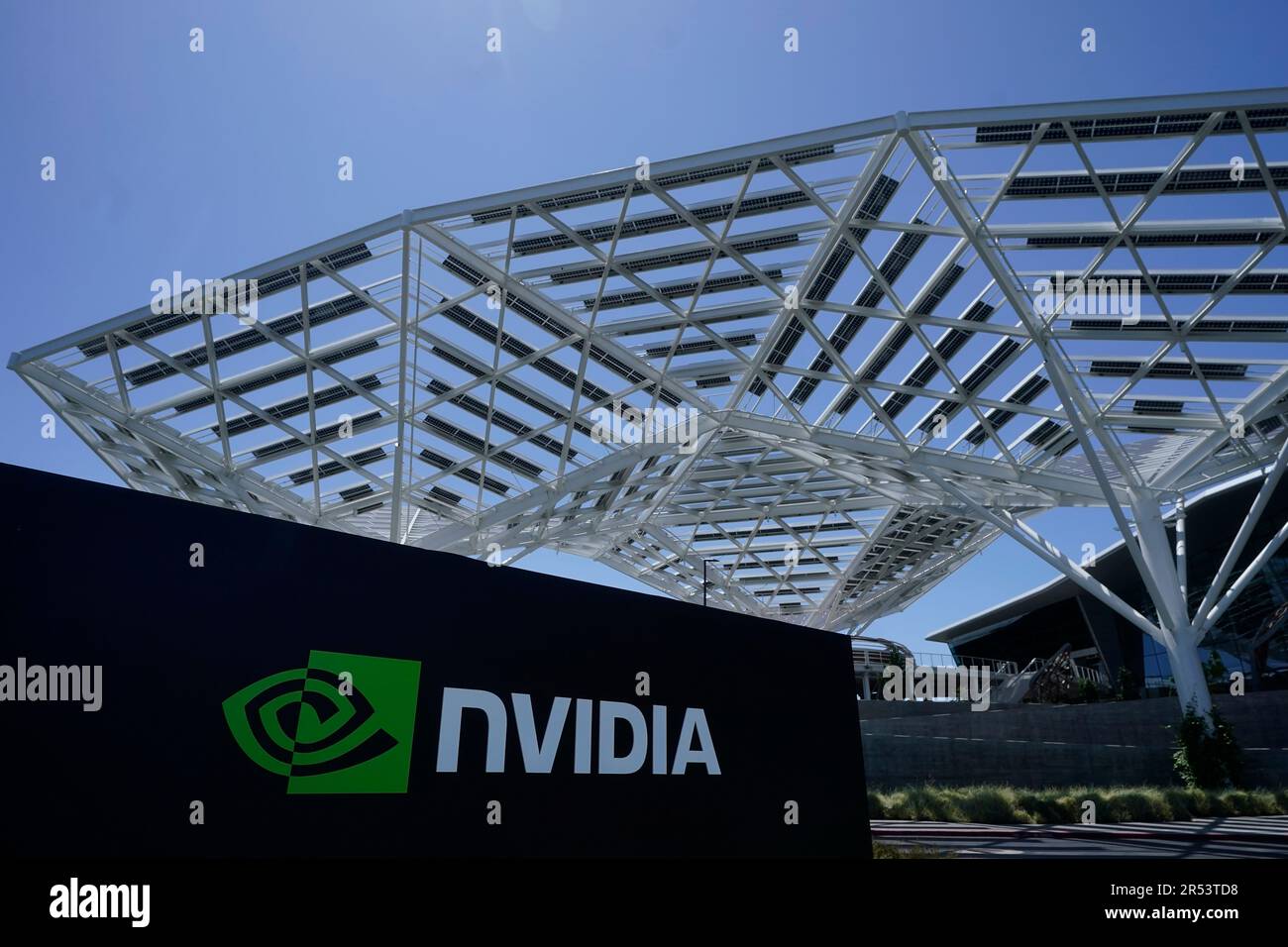 A sign outside of a Nvidia office building is shown in Santa Clara ...