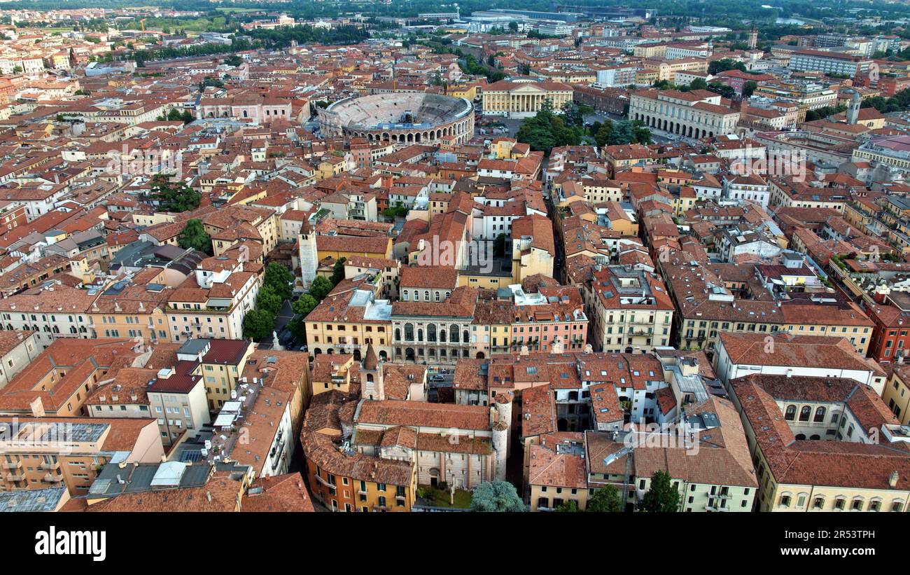 Aerial view of Verona with the Verona Arena in the center. Veneto ...