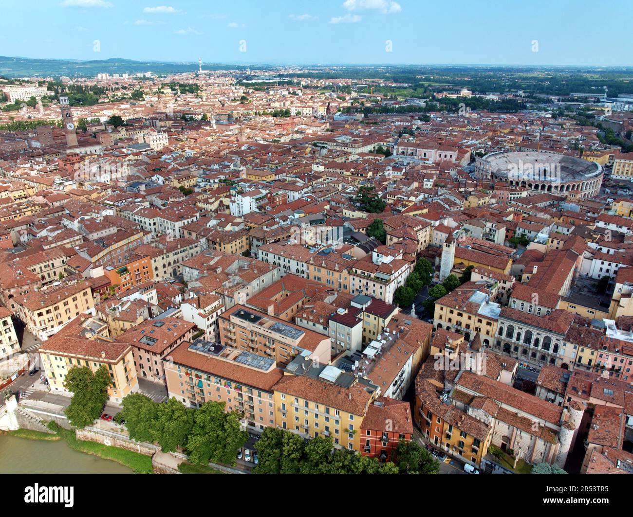 Aerial view of Verona with the Verona Arena in the center. Veneto ...