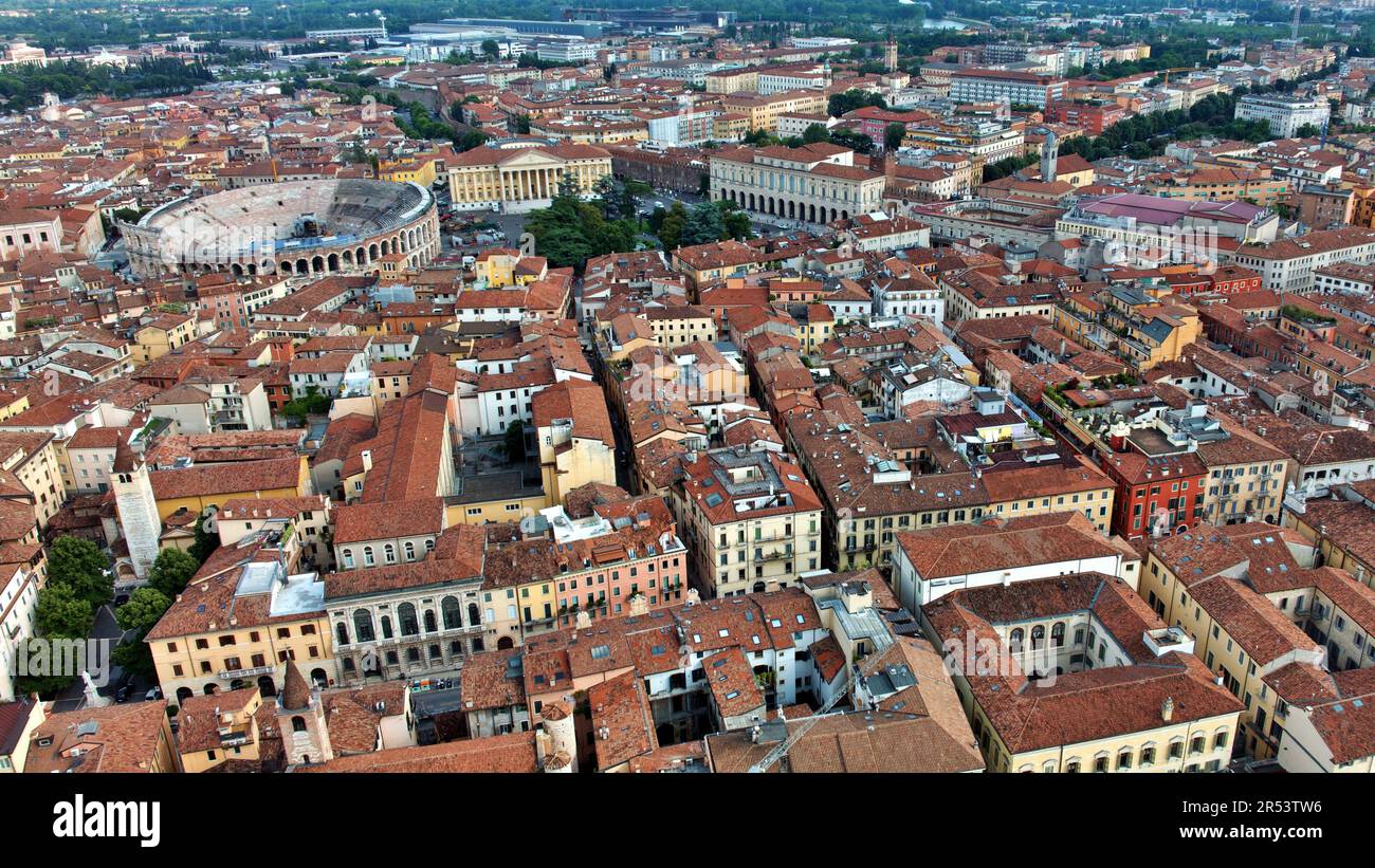 Aerial view of Verona with the Verona Arena in the center. Veneto ...