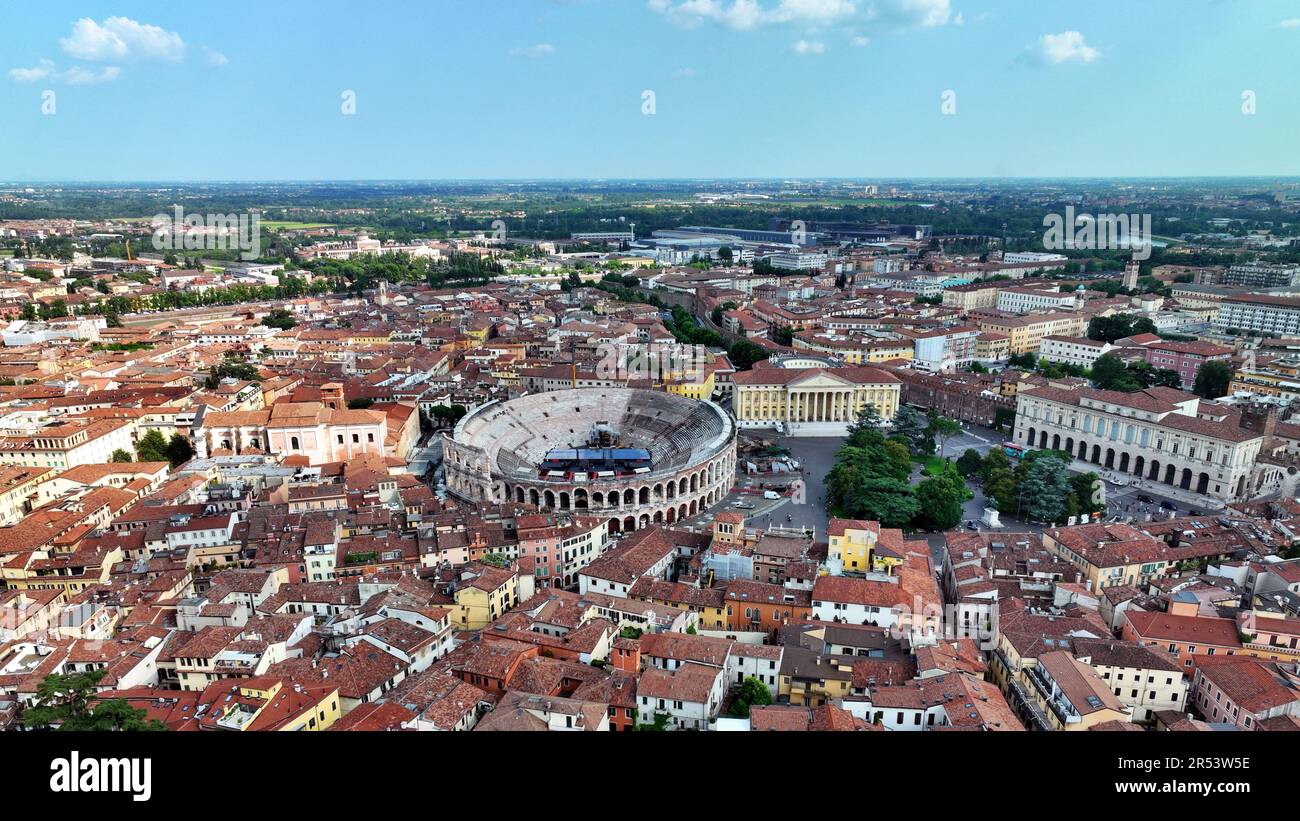 Aerial view of Verona with the Verona Arena in the center. Veneto ...