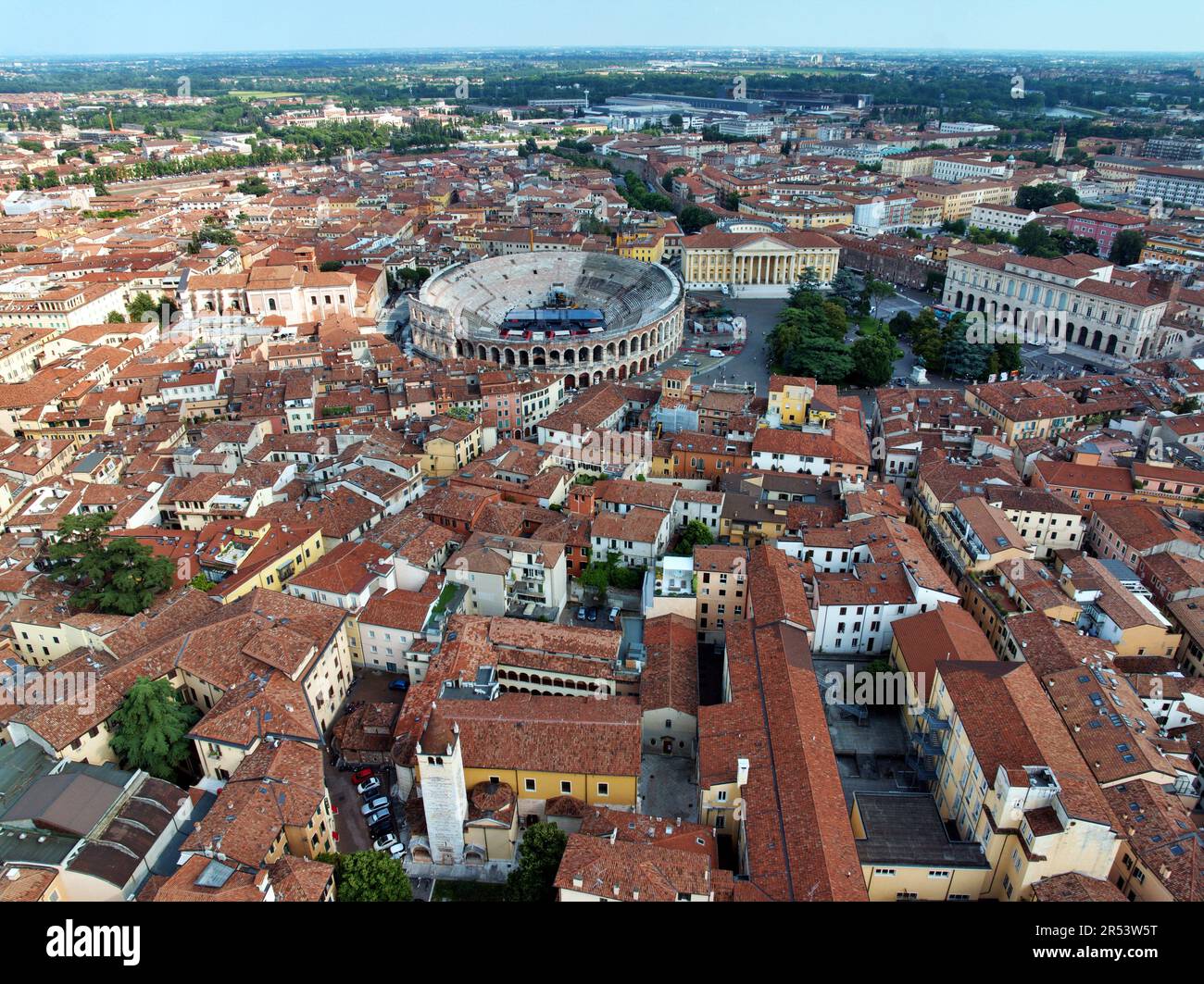 Aerial view of Verona with the Verona Arena in the center. Veneto ...