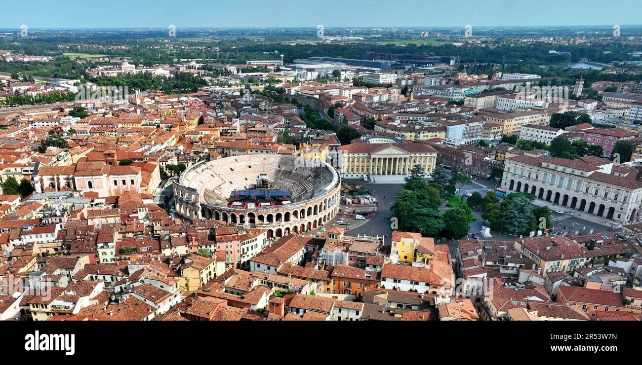 Aerial view of Verona with the Verona Arena in the center. Veneto ...