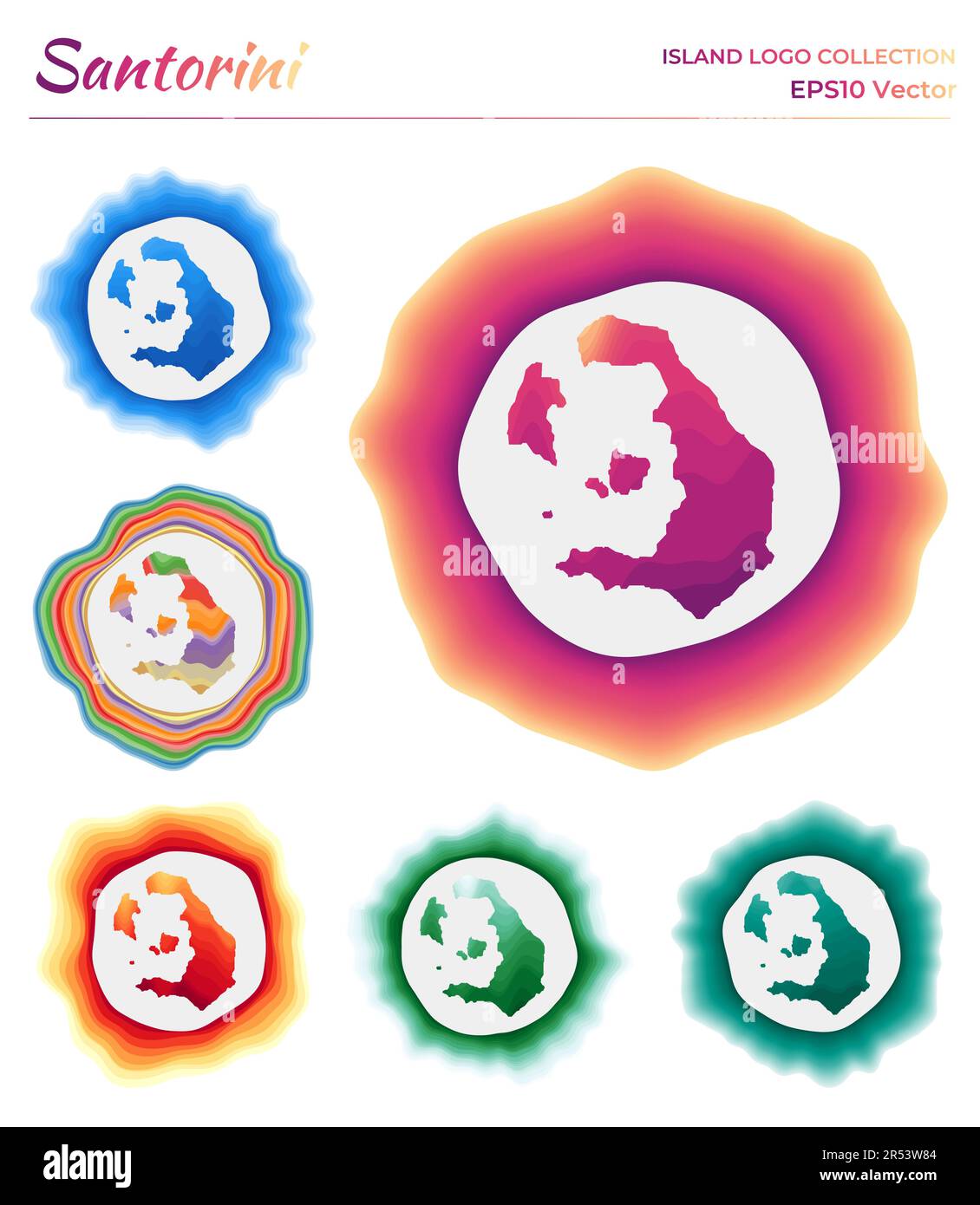Santorini logo collection. Colorful badge of the island. Layers around ...