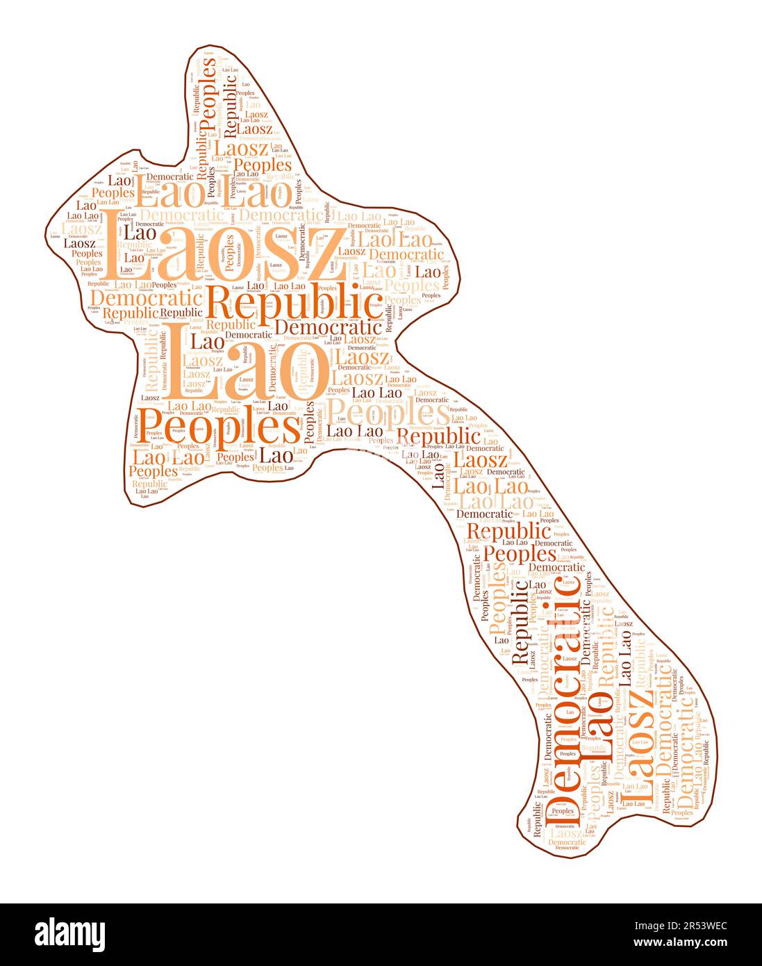 Laos shape filled with country name in many languages. Laos map in ...