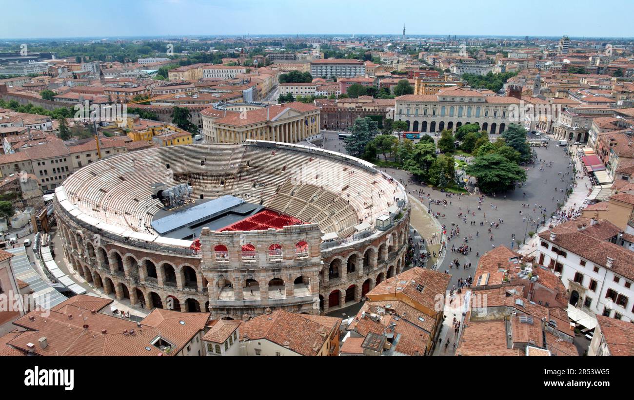 Aerial view of Verona with the Verona Arena in the center. Veneto ...