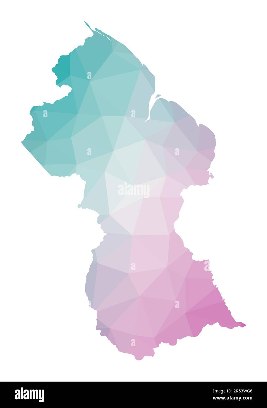 Polygonal map of Guyana. Geometric illustration of the country in emerald and amethyst colors ...