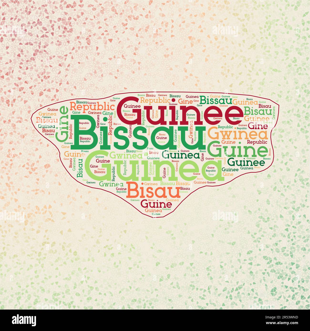 Guinea-Bissau shape with country names word cloud in multiple languages ...