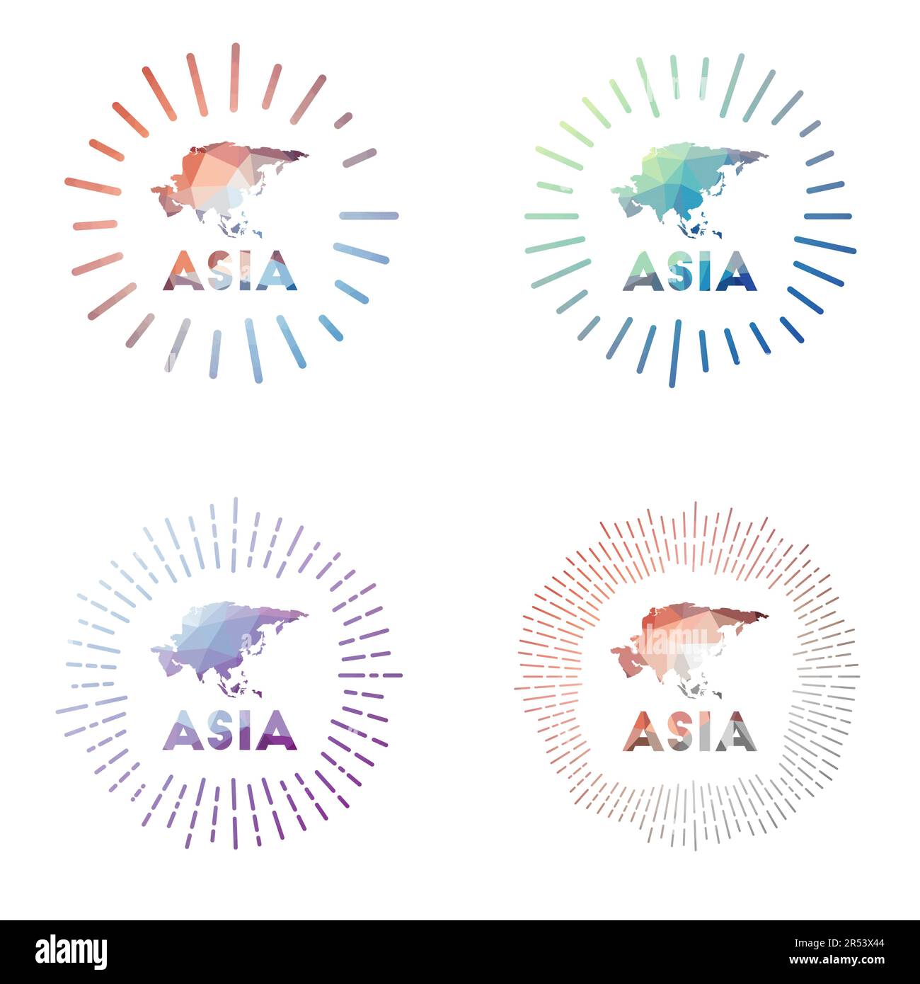 Asia low poly sunburst set. Logo of continent in geometric polygonal ...