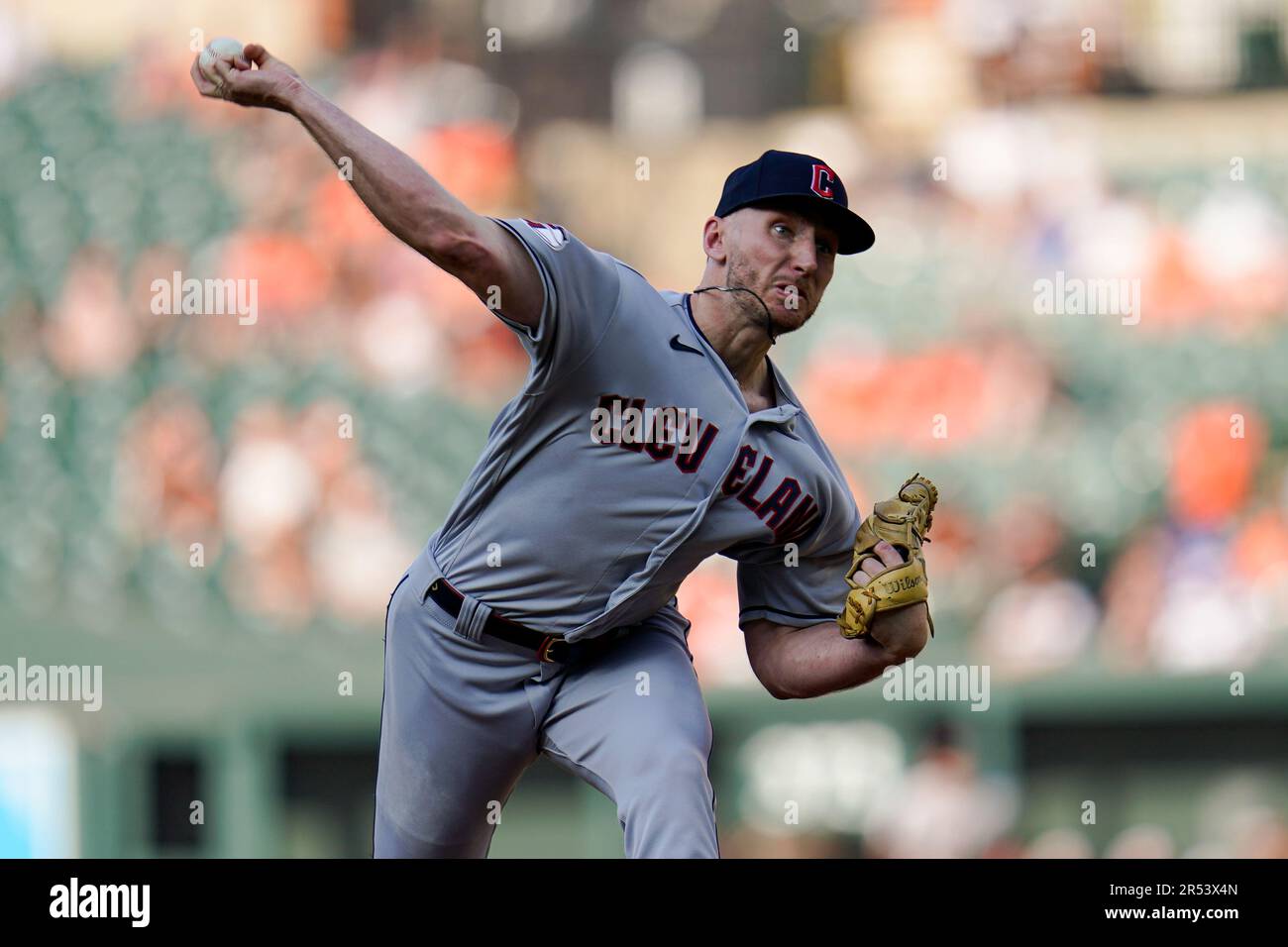 Cleveland Guardians relief pitcher Trevor Stephan throws a pitch to the ...