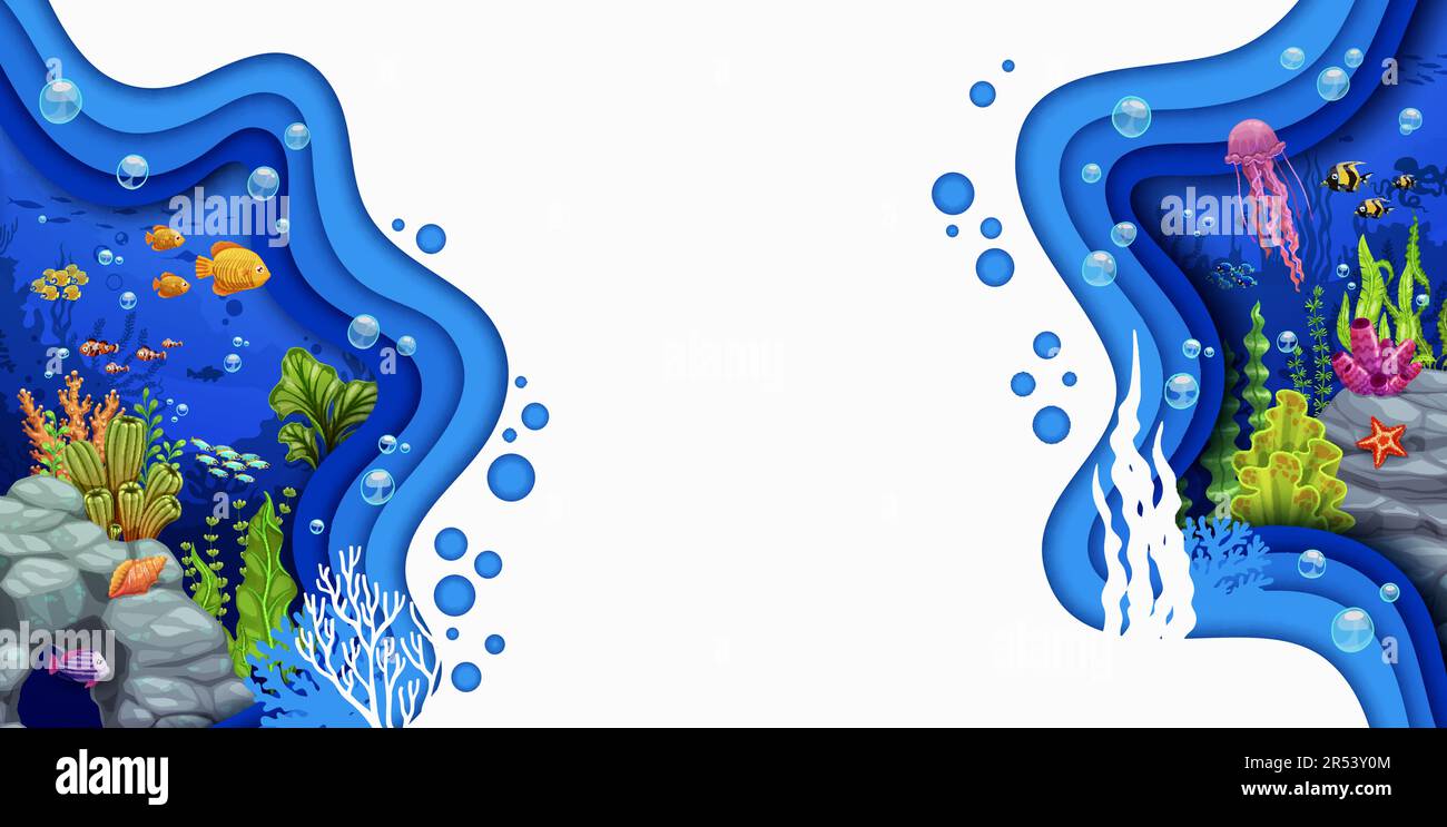 Cartoon banner or poster, sea paper cut with underwater landscape ...