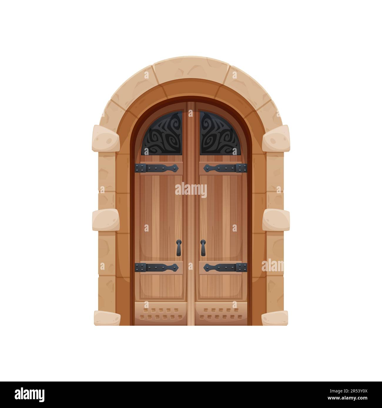 Cartoon medieval castle gate, wooden double door. Palace stone gate ...