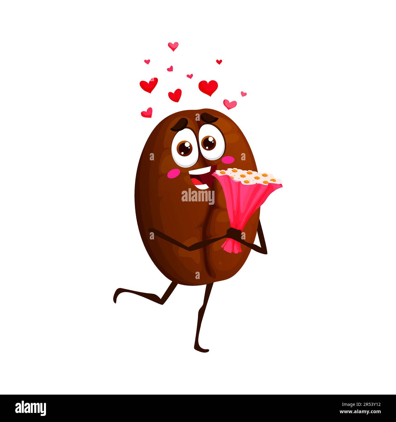 Cartoon happy coffee bean character with flowers. Isolated vector ...