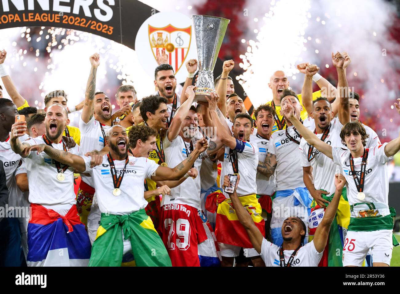 Sevilla players celebrate with the UEFA Europa League trophy after ...