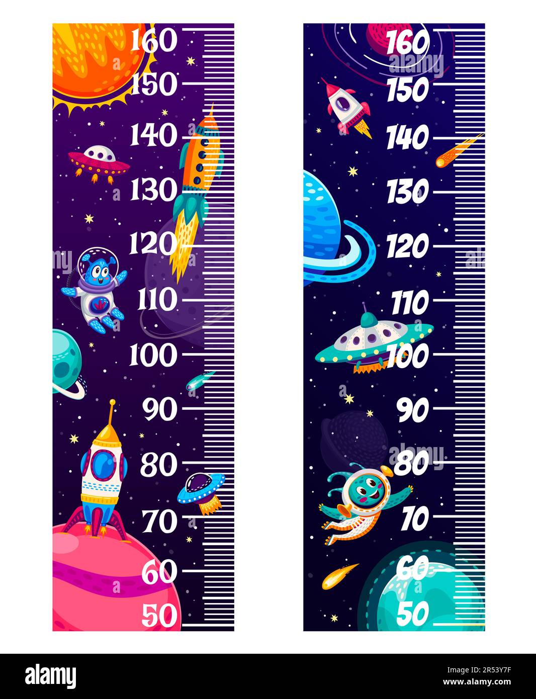 Cartoon alien in galaxy space. Kids height chart ruler with planets ...