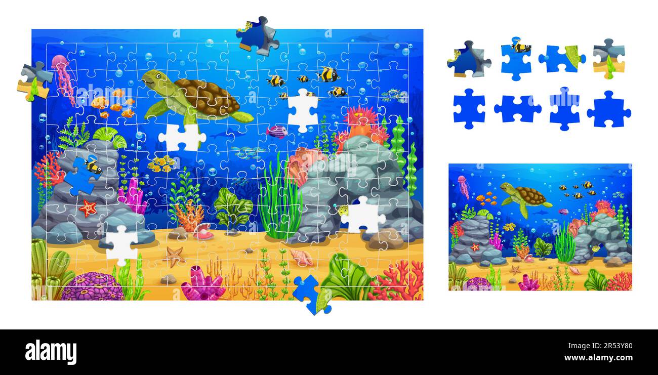 Jigsaw puzzle, underwater landscape pieces of cartoon sea animals and ...