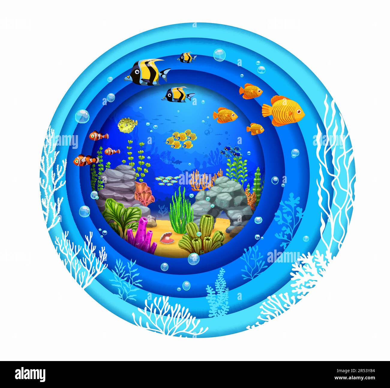 Cartoon tropical fish shoal, seaweeds and corals in sea paper cut ...