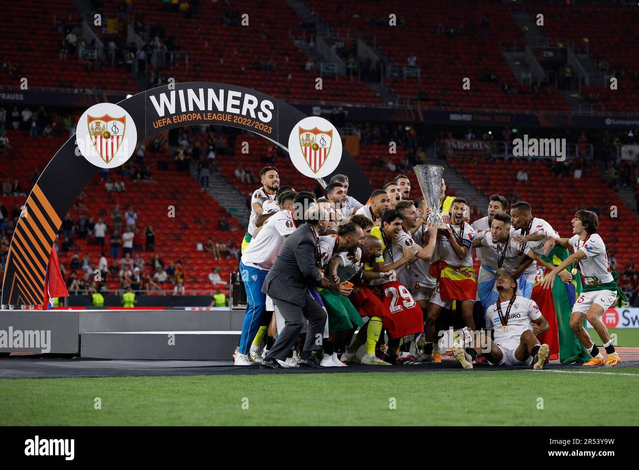 Sevilla, Spain. 31st May, 2023. Sevilla FC team group with the trophy ...
