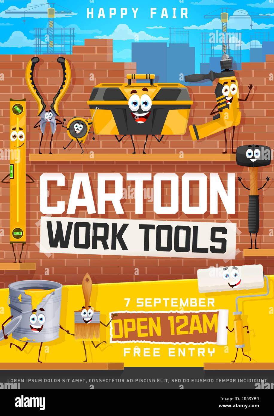 Kids party flyer, cartoon work and DIY tools characters, entertainment ...
