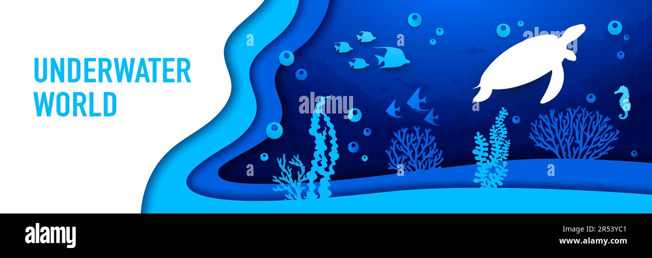Underwater paper cut landscape, sea turtle, seaweeds and fish shoal in ...