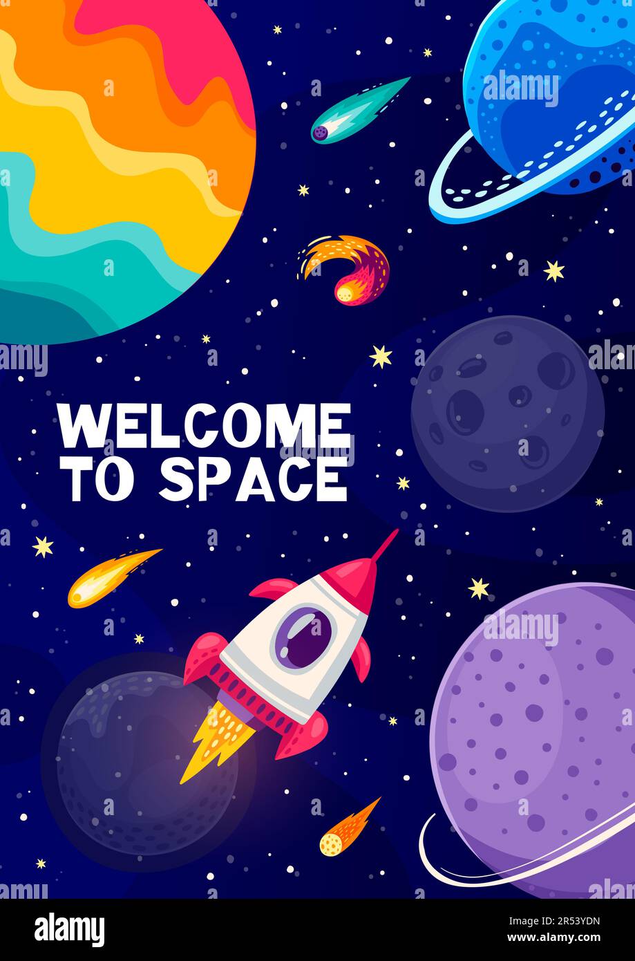 Cartoon space landscape poster. Rocket, comets and galaxy planets ...