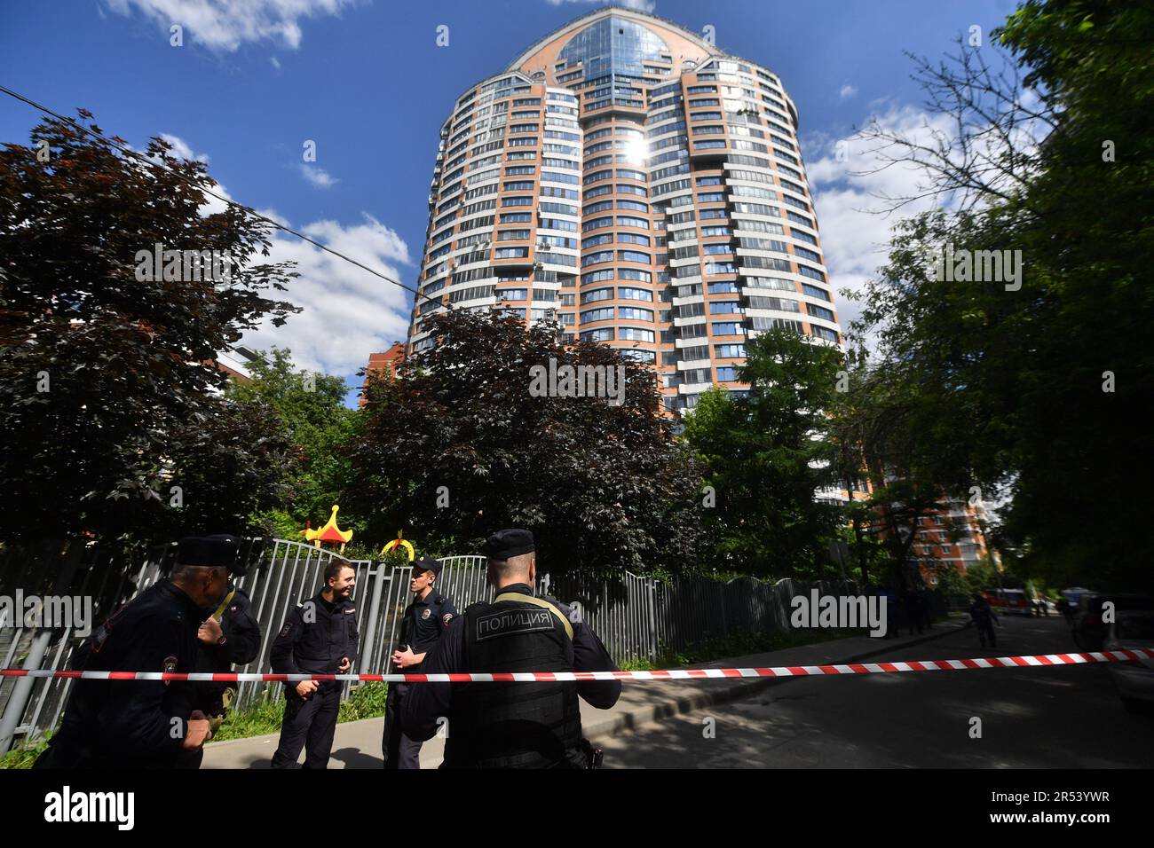 Moscow. Police officers at a residential multi-storey building #92 ...